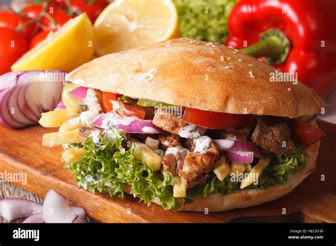 Doner Kebab With Meat And Vegetables In Pita Bread Closeup Horizontal