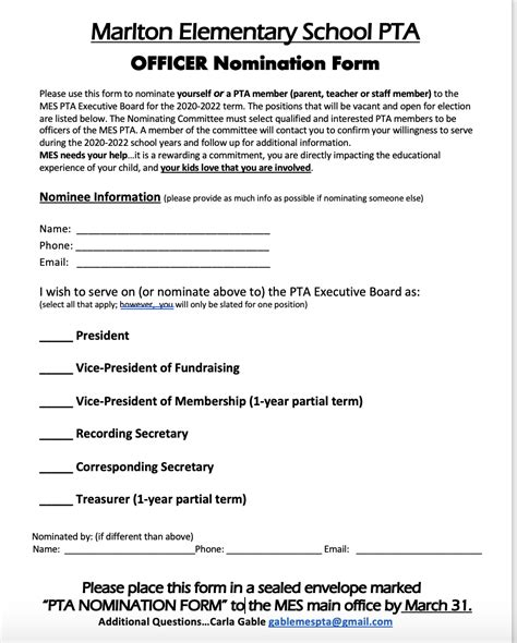 Officer Nomination Form Marlton Elementary PTA