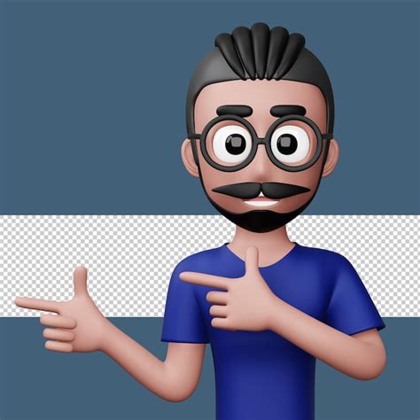 Homem animado feliz apontando para o lado renderização 3d de personagem