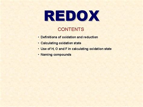 Redox Contents Definitions Of Oxidation And Reduction Calculating