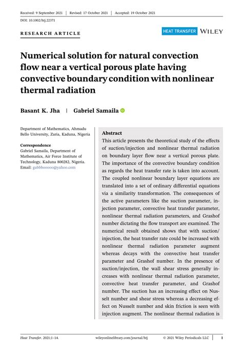 pdf numerical solution for natural convection flow near a vertical porous plate having