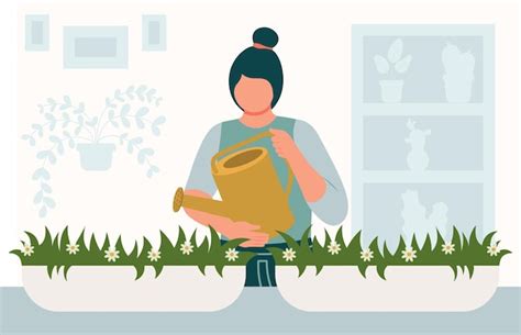 Mujer regando plantas caseras con regadera primavera vector ilustración