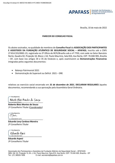 Parecer Conselho Fiscal Demonstrações Financeiras 2021 APAFASS