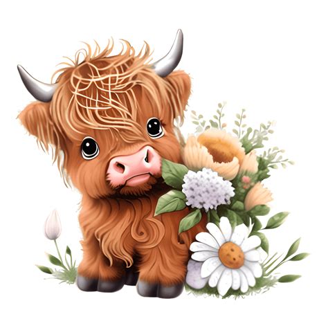 Adorable Baby Highland Cow Sitting Down And Holding A Flower Creative