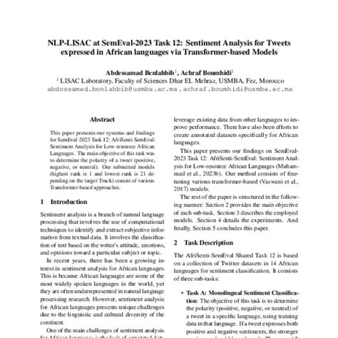 nlp lisac at semeval 2023 task 12 sentiment analysis for tweets expressed in african languages