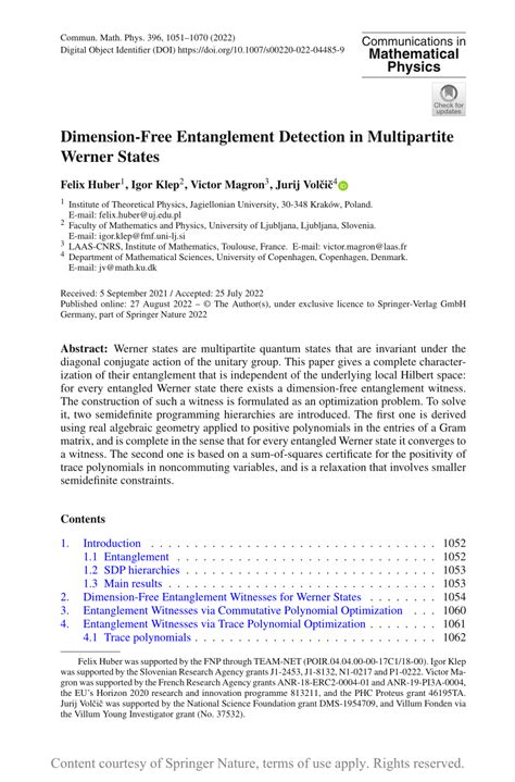 dimension free entanglement detection in multipartite werner states request pdf