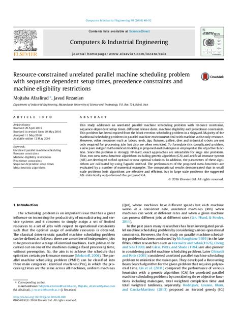 pdf resource constrained unrelated parallel machine scheduling problem with sequence dependent