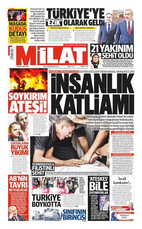 Milat Gazetesi 7 Kasım 2023 Salı Günü Manşeti
