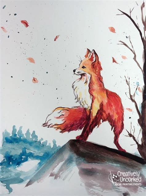 A Painting Of A Red Fox Standing On Top Of A Hill Next To A Tree