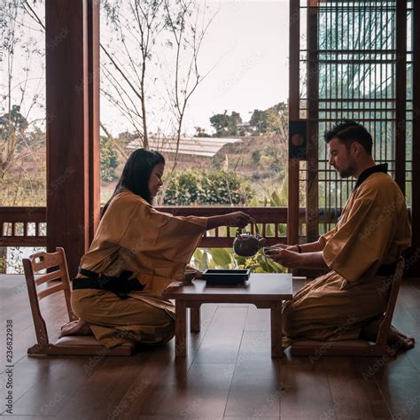 Couple Men And Woman Drinking Thee Onsen Spa Japanese Onsen Bath In
