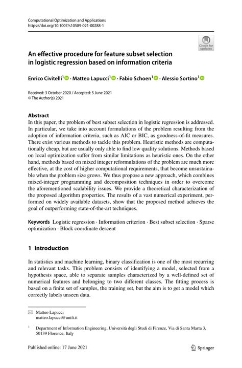 pdf an effective procedure for feature subset selection in logistic regression based on