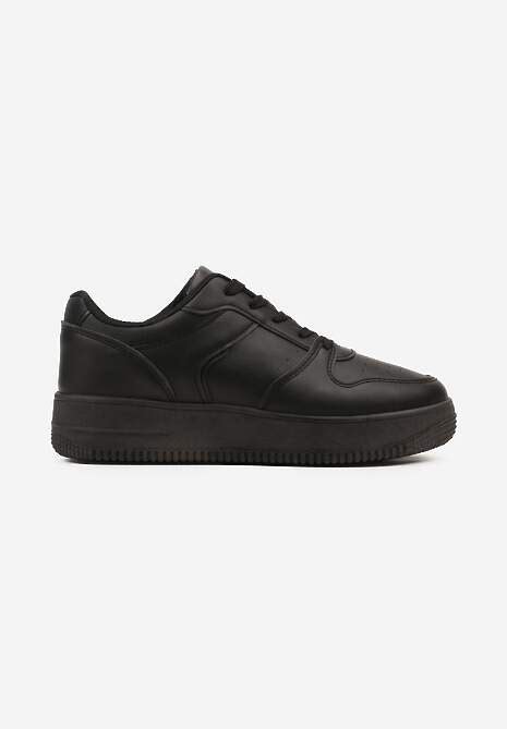 Czarne Sznurowane Sneakersy z Ekoskóry na Grubej Podeszwie z Drobną