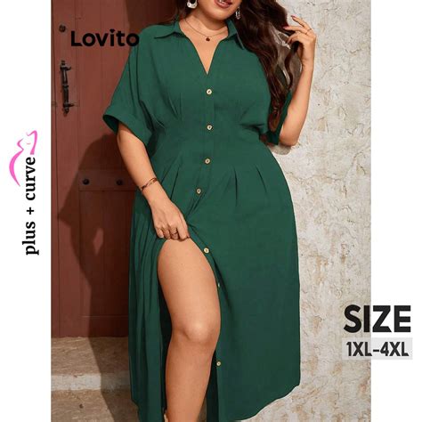 Lovito Vestido Feminino Plus Size Curvo Casual Liso Botão Frontal