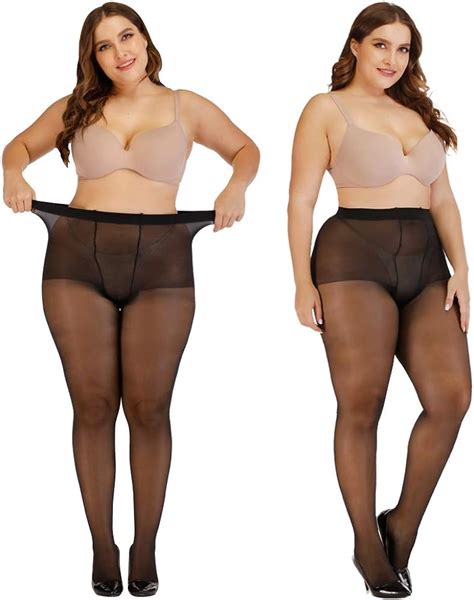Arrusa Super Durable Plus Size Tights High Waist Control Top Sheer Pantyhose Shiny Nylon Thigh