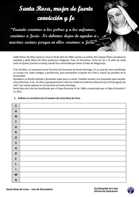 Ficha Ssanta Rosa De Lima Ro Secundaria Arzobispado De Lima Santa