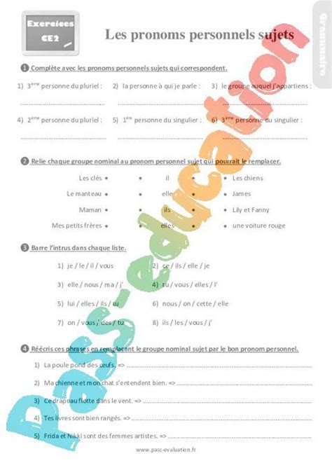 Evaluation avec le corrigé pour le Ce2 Les pronoms personnels sujets