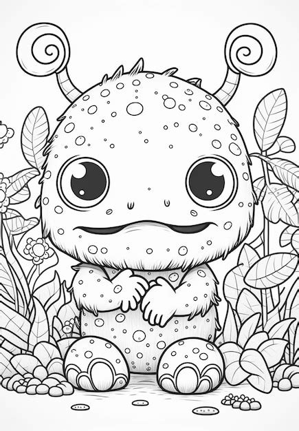 Un Monstruo De Dibujos Animados Sentado En La Hierba Rodeado De Plantas
