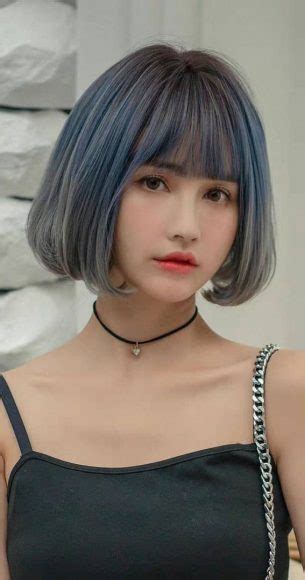 Cute Short Hair With Bangs Korean Style Ash Blue Bob With Bangs