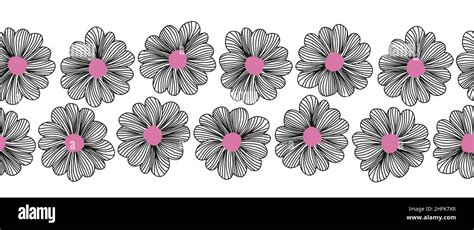 Line Art Doodle Flower Seamless Vector Border Repeating Floral Pattern