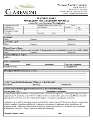 Fillable Online PLANNING BOARD APPLICATION FOR SUBDIVISION APPROVAL
