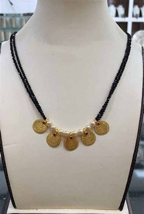 Indian Kasu Lakshmi Coin Pendant With Black Beads Nallapusalu Chain By