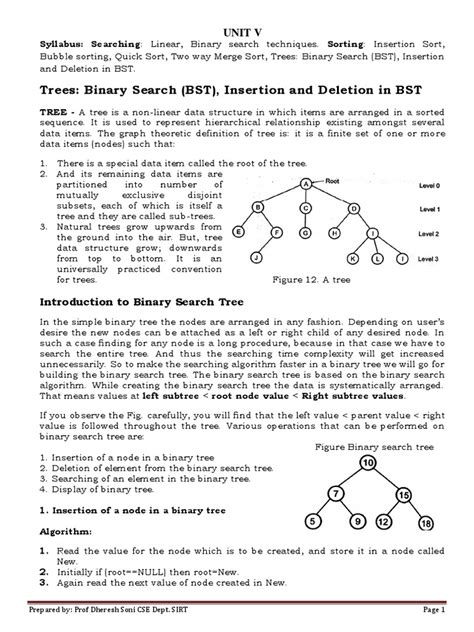 trees binary search bst insertion and deletion in bst unit v pdf theoretical computer