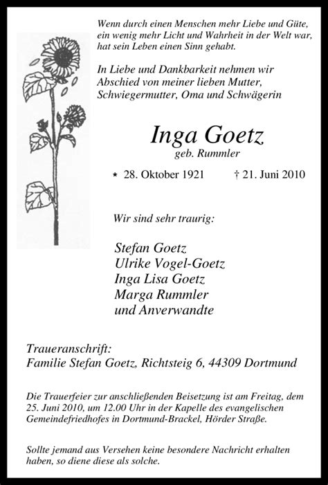 Traueranzeigen Von Inga Goetz Trauer In NRW De