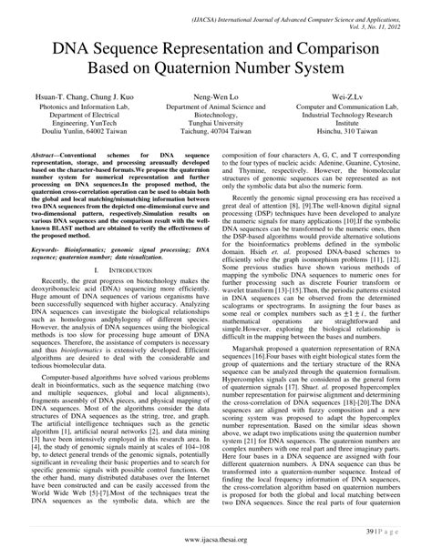 pdf dna sequence representation and comparison based on quaternion number system