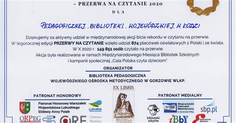 Dyplom za udział w akcji PRZERWA NA CZYTANIE dla naszej biblioteki