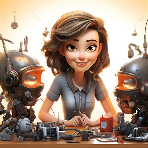 Ilustração 3D de uma garota de desenho animado bonita reparando uma