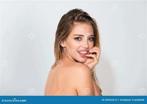 Beautiful Smiling Woman With Naked Shoulder Isolated On White Sensual