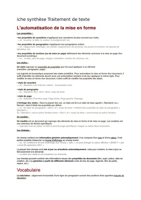Fiche synthèse Traitement de texte iche synthèse Traitement de texte