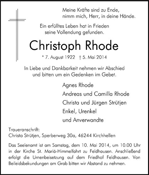 Traueranzeigen Von Christoph Rhode Trauer In NRW De