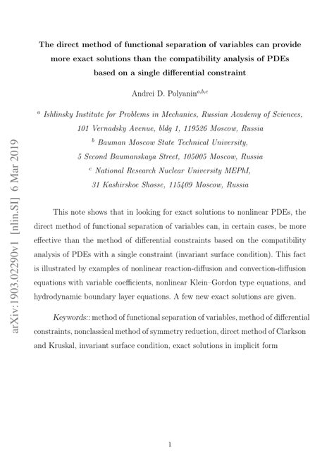 pdf the direct method of functional separation of variables can provide more exact solutions