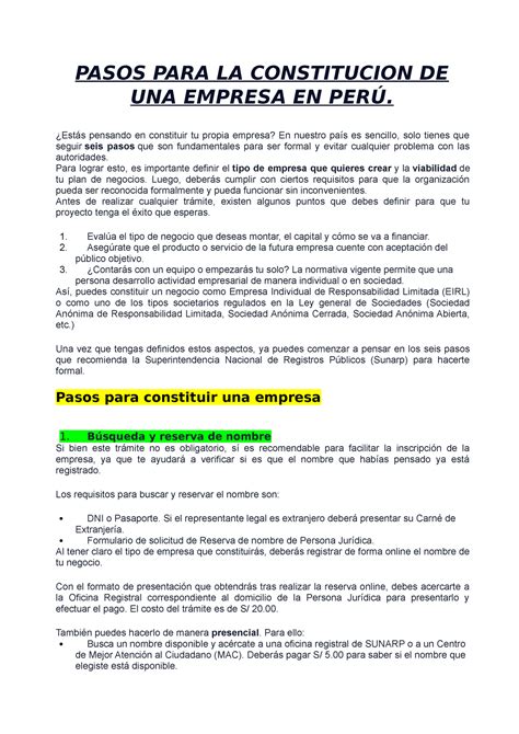 Pasos PARA Constituir UNA Empresa EN PERÚ PASOS PARA LA CONSTITUCION