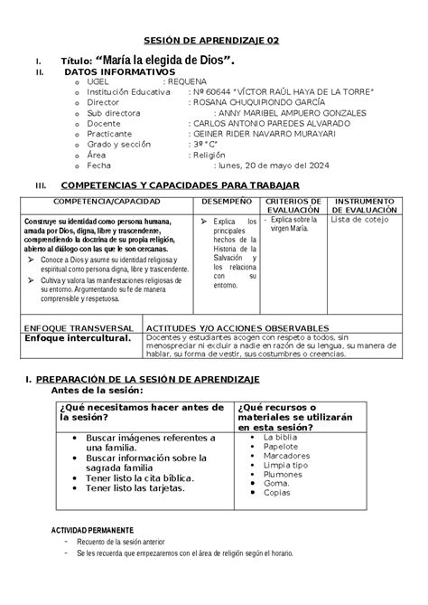 Sesión DE Aprendizaje religion SESIÓN DE APRENDIZAJE 02 I Título