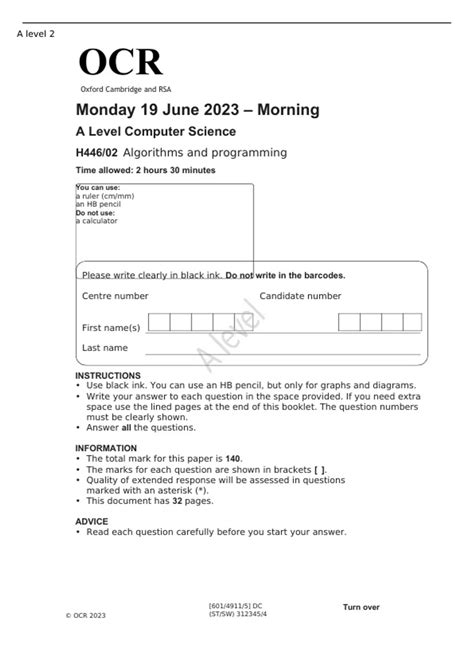 ocr a level computer science h446 02 june 2023 question paper algorithms and programming a