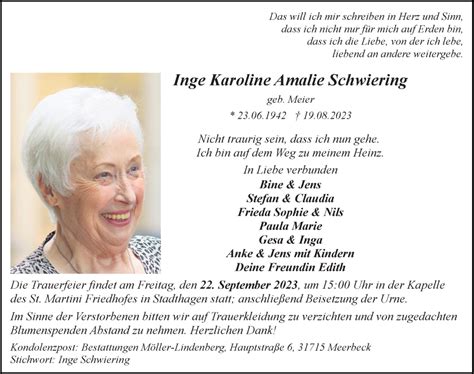 Traueranzeigen Von Inge Karoline Amalie Schwiering Trauer Anzeigen De
