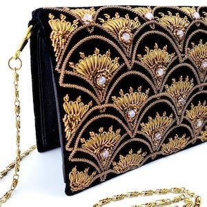 Embroidered Black Velvet Evening Bag Clutch Embellished Etsy