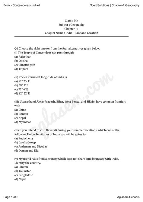 NCERT Solutions Class 9 Social Science Geography Chapter 1 India Size