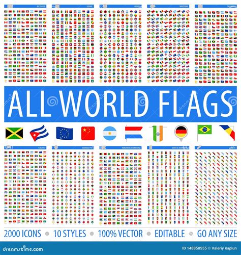 All World Flags Set Of Different Styles Vector Flat Icons Stock