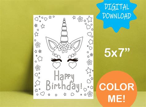 Unicorn Birthday Printable Coloring Card X Colorable Etsy