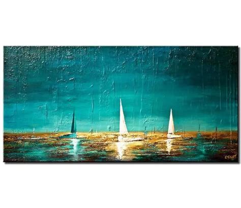 Teal Abstract Sailboats Painting On Canvas Original Textured Oil