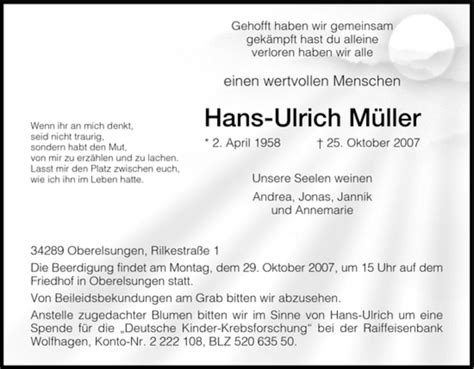 Traueranzeigen Von Hans Ulrich M Ller Trauer Hna De