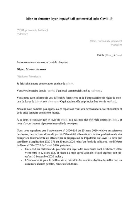 Mise en demeure loyer impayé bail commercial Covid 19 modèle gratuit