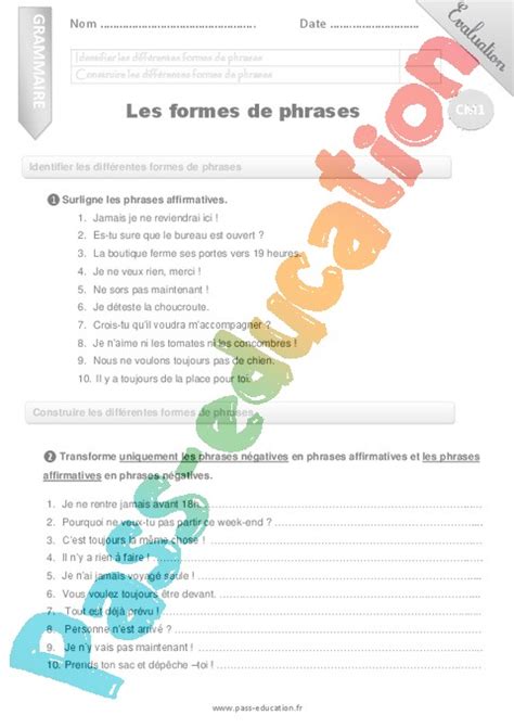 Evaluation Formes de phrases CM1 Bilan et controle corrigé pdf à