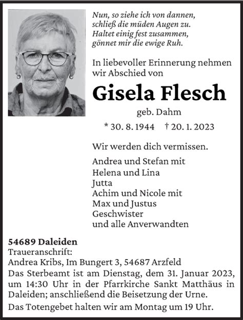 Traueranzeigen Von Gisela Flesch Volksfreund Trauer De