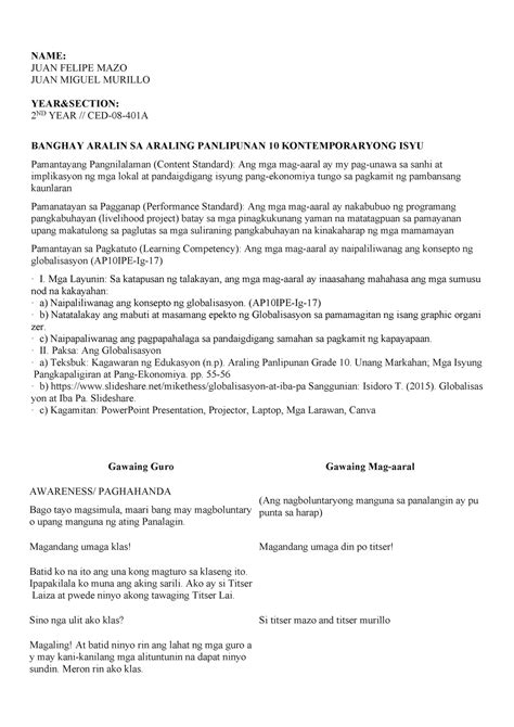 Banghay Aralin SA Araling Panlipunan 10 Kontempora NAME JUAN FELIPE