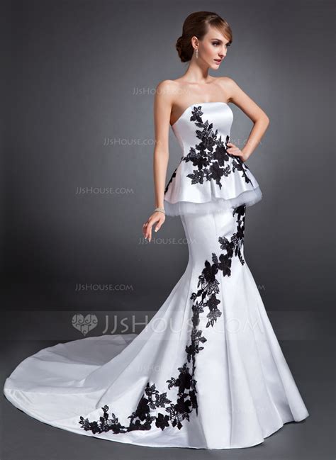Trumpet Mermaid Strapless Chapel Train Satin Wedding Dress With