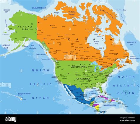 Colorful North America Political Map With Clearly Labeled Separated